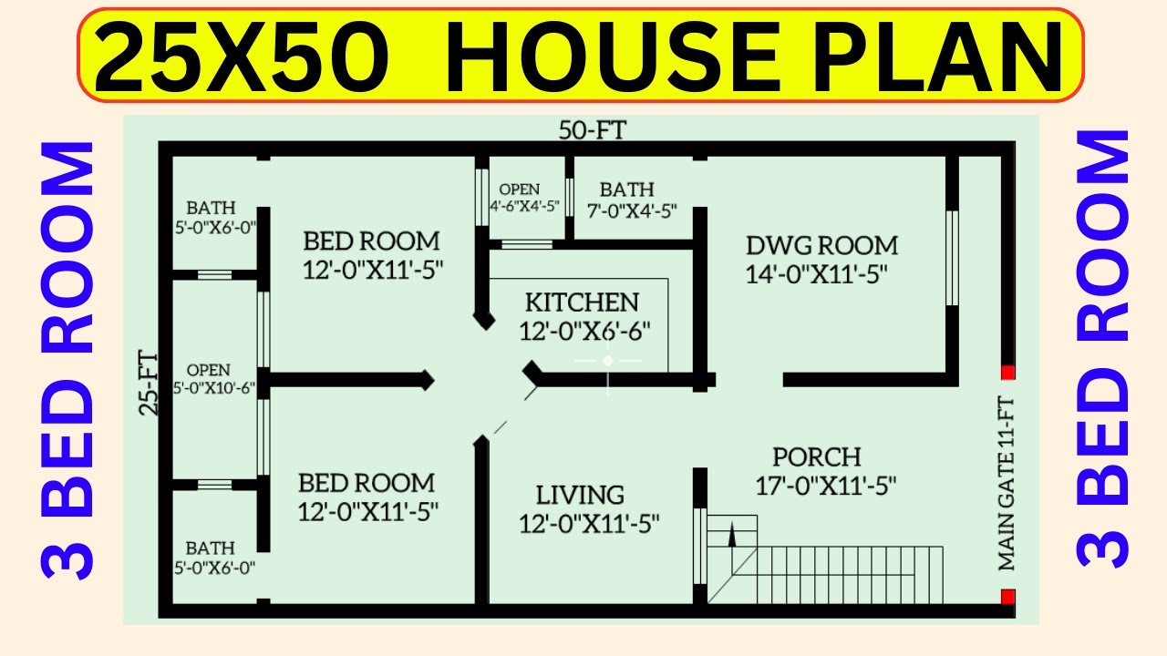 HOUSE PLAN 25x50 | 3 BED ROOM | 25 by 50 Ghar ka Naksha | 1250 SQ FT ...