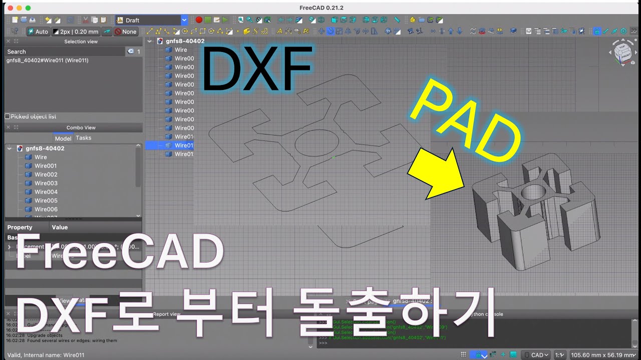 FreeCAD(프리캐드) DXF 파일로 부터 PAD(돌출)하기 - YouTube