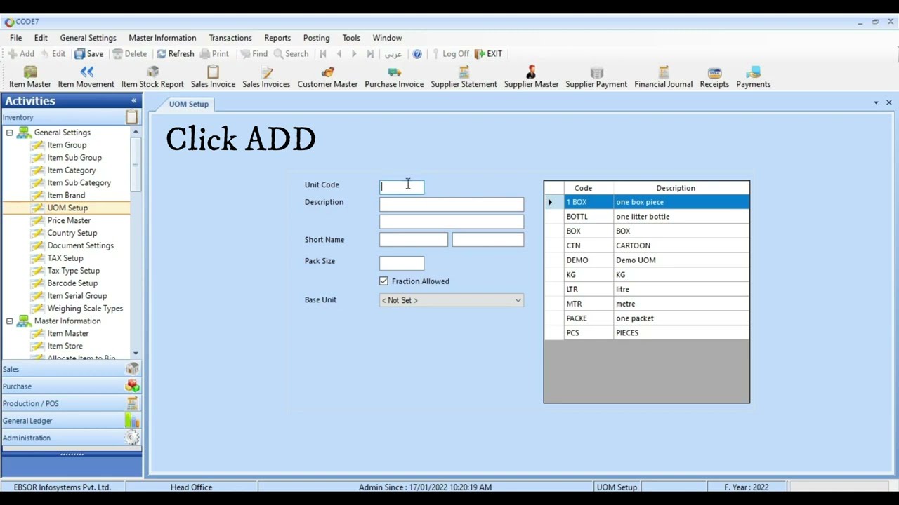 CODE7-UOM(UNIT OF MEASUREMENT) SETUP - YouTube