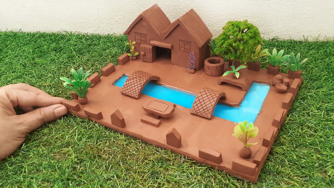How to build a clay village house with pool and bridge || miniature ...