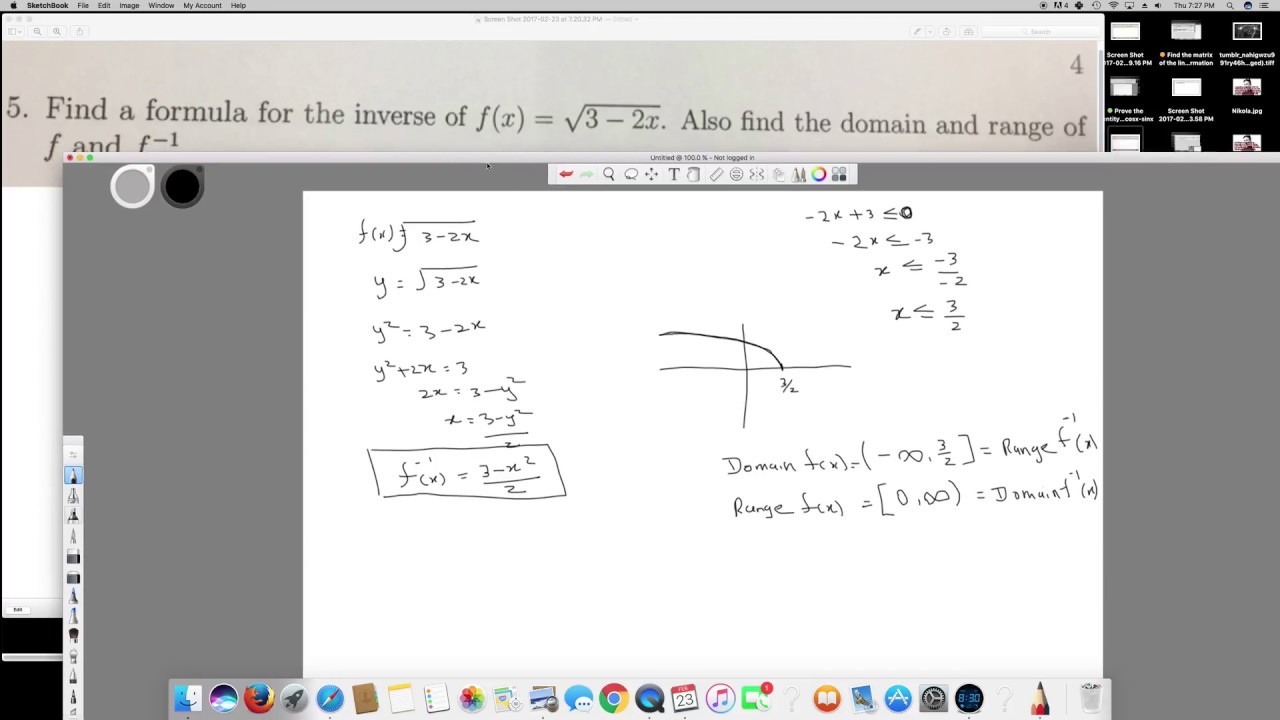 Find a formula for the inverse of fx = √(3-2x) Also find the domain and ...