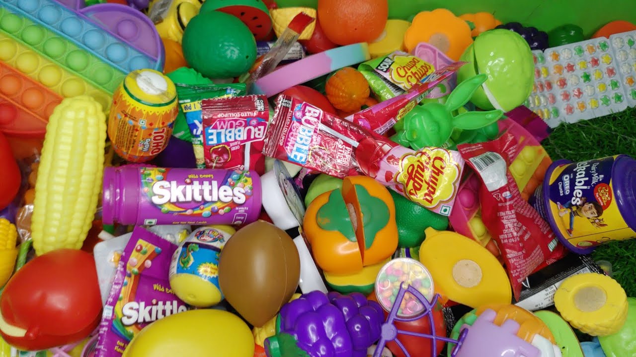 mix cutting fruits vegetables toys and yummy skittles candies - YouTube