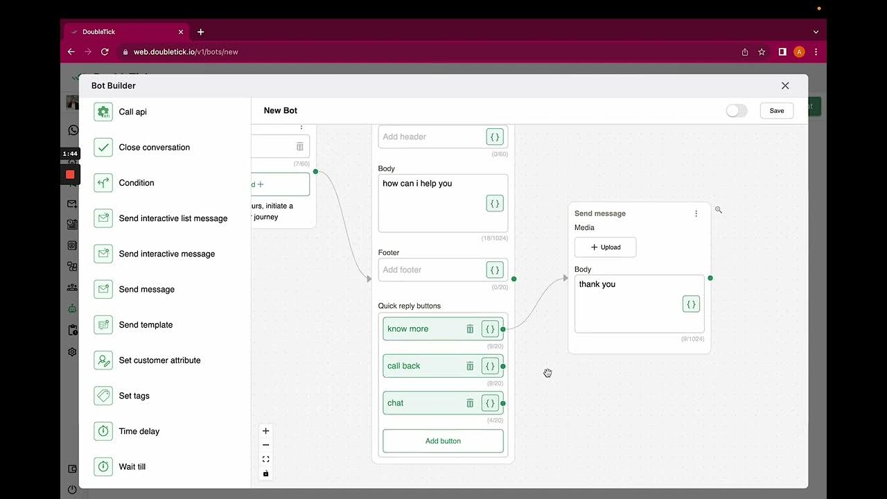 How to use send interactive message as an action in custom bot. - YouTube