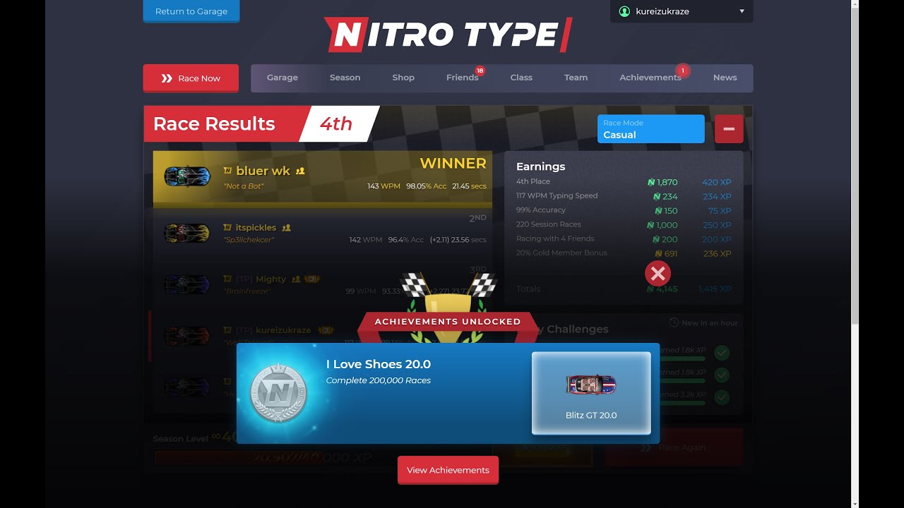 Earning the Blitz GT 20.0 on Nitro Type - YouTube
