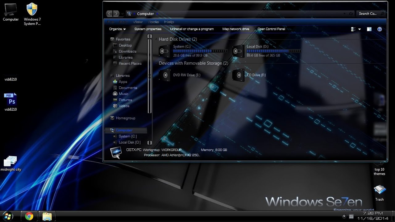 Blue Lines Windows 7 custom theme - YouTube