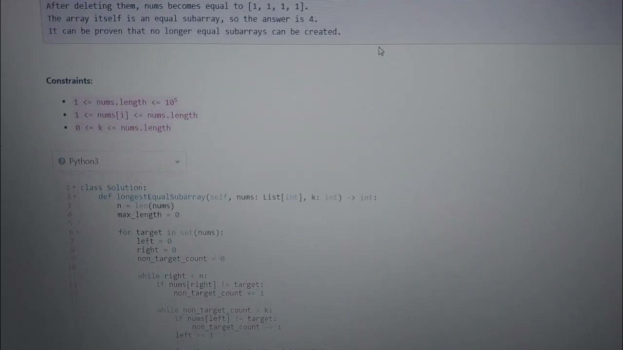 find the longest equal subarray #leetcodechallenge #leetcode - YouTube