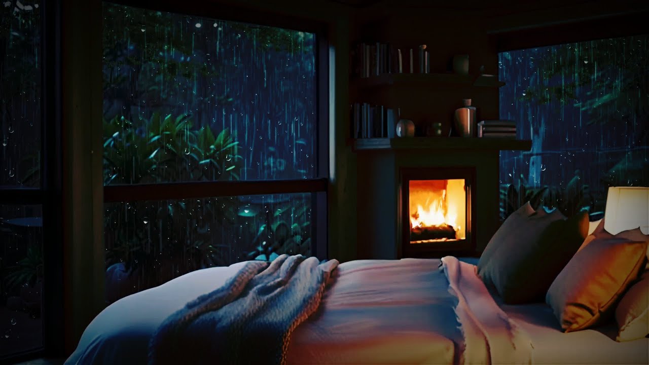 Rain in Cozy Cabin With Warm Fireplace and Gentle Rain on Lakeside to ...