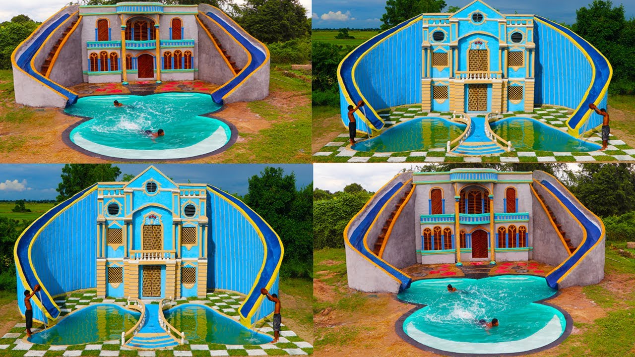 Spent 365 Days To Build Top Classic Mud Villa, Top Twin Water Slide ...