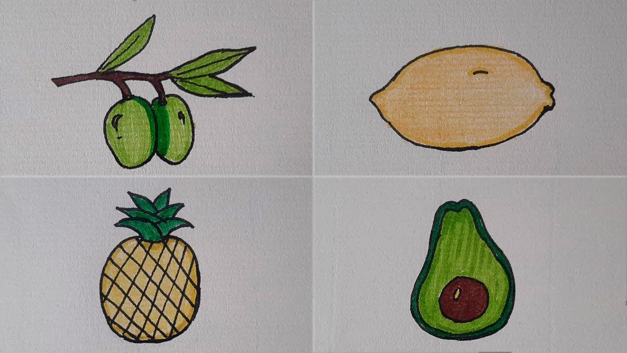 How to Draw Fruit | 4 Different types of Fruit drawing | Drawing Fruit ...