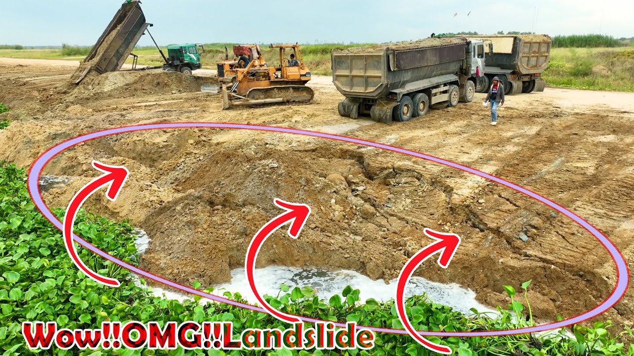 Great Action!! Land Sinking Repairing By Many Dump Trucks And An Old ...