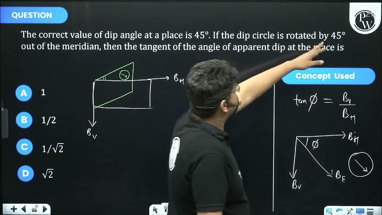 The correct value of dip angle at a place is \(45^{\circ}\). If the dip circle is rotated by \(4 ...