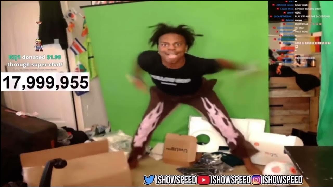 Ishowspeed jumps on his setup for 18M subs 😂 - YouTube