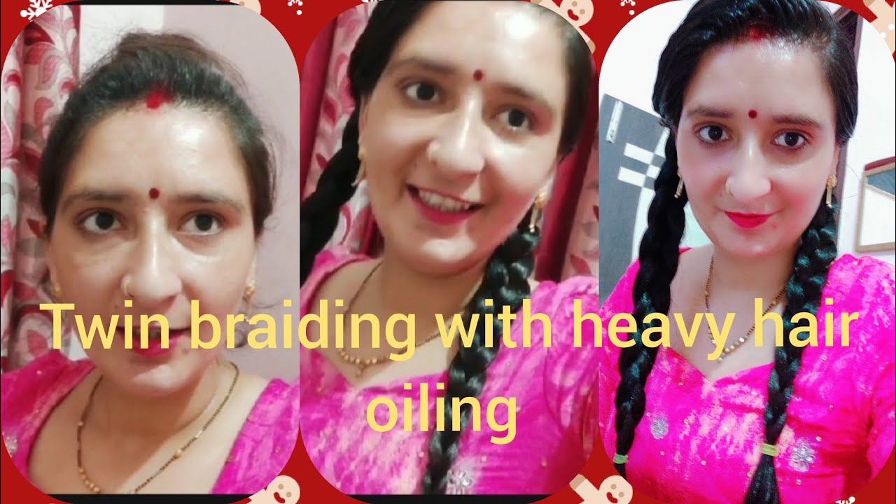 Heavy Hair Oiling routine ||How to do heavy hair oiling||Twin braiding ...