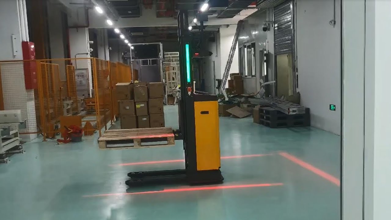 016 reflector guided stacker forklift AGV from OKAGV - YouTube