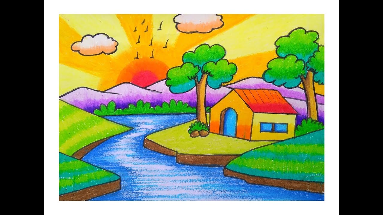 HOW TO DRAW RIVERSIDE HOUSE AND NATURE DRAWING | HOUSE NEAR RIVER ...