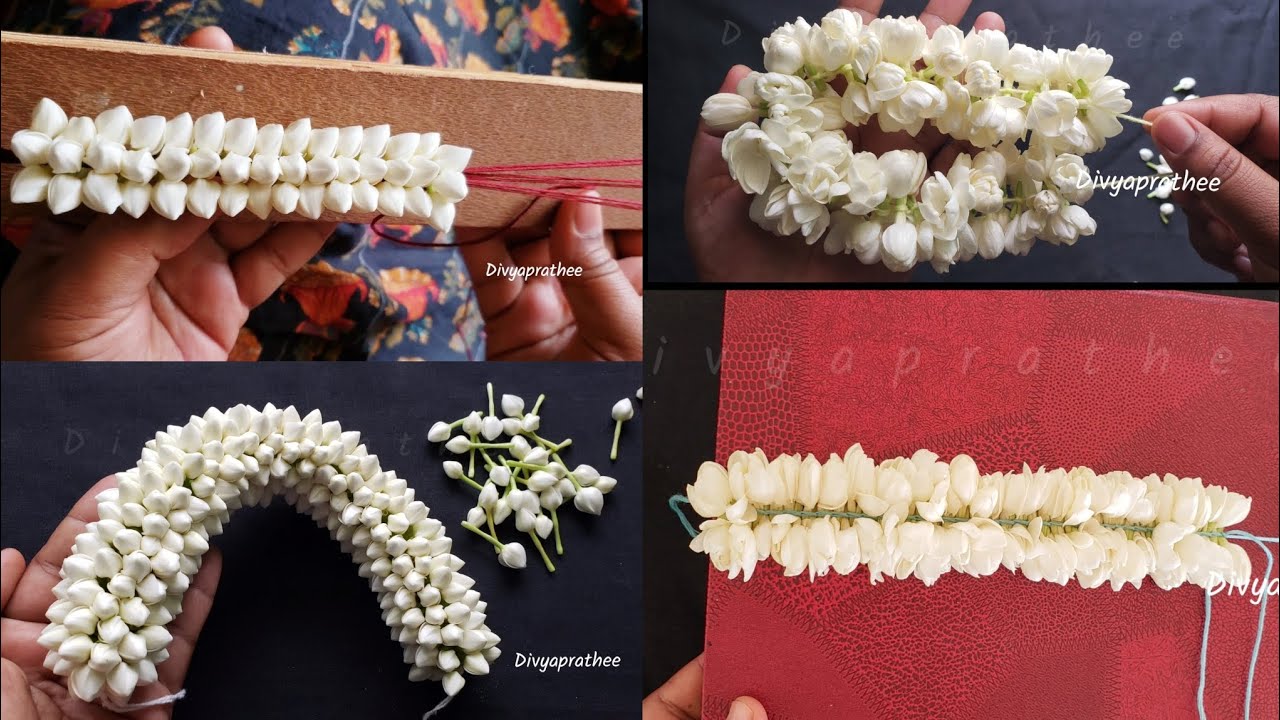 4 types of jasmine flower garlands at home/mallipoo veni/Bridal Gajra ...