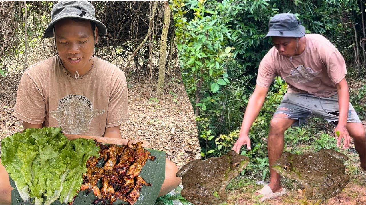 Primitive technology- Catching frogs in forest, Cooking Spicy frogs ...