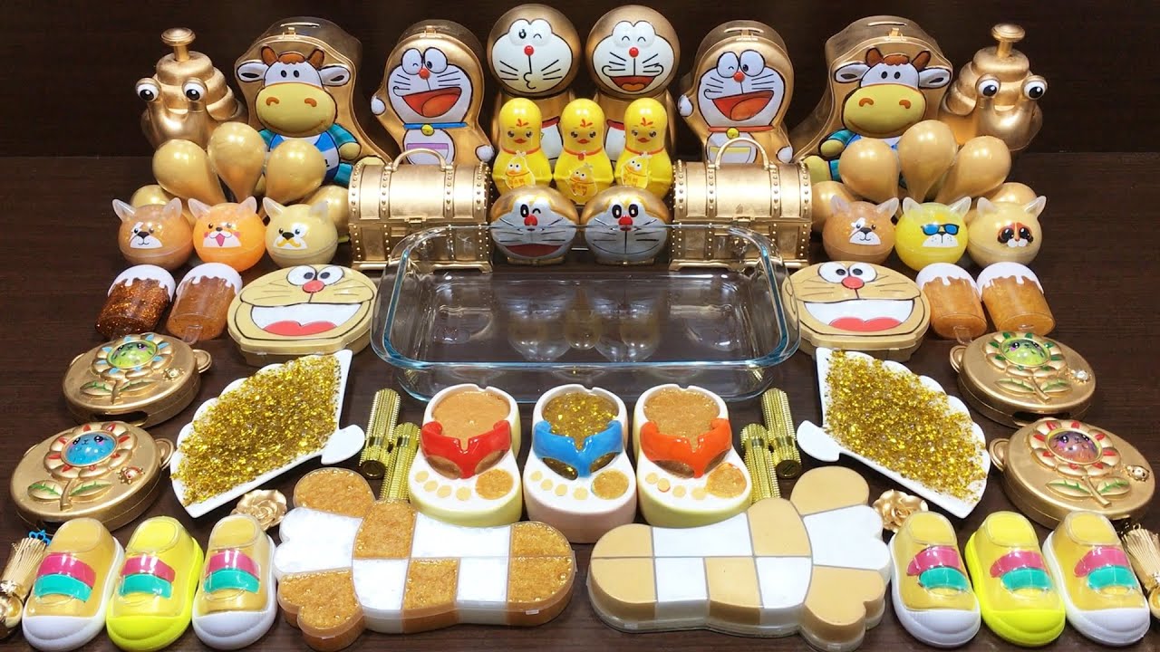 Gold Doraemon Slime | Mixing Beads and Glitter into Slime | Satisfying ...