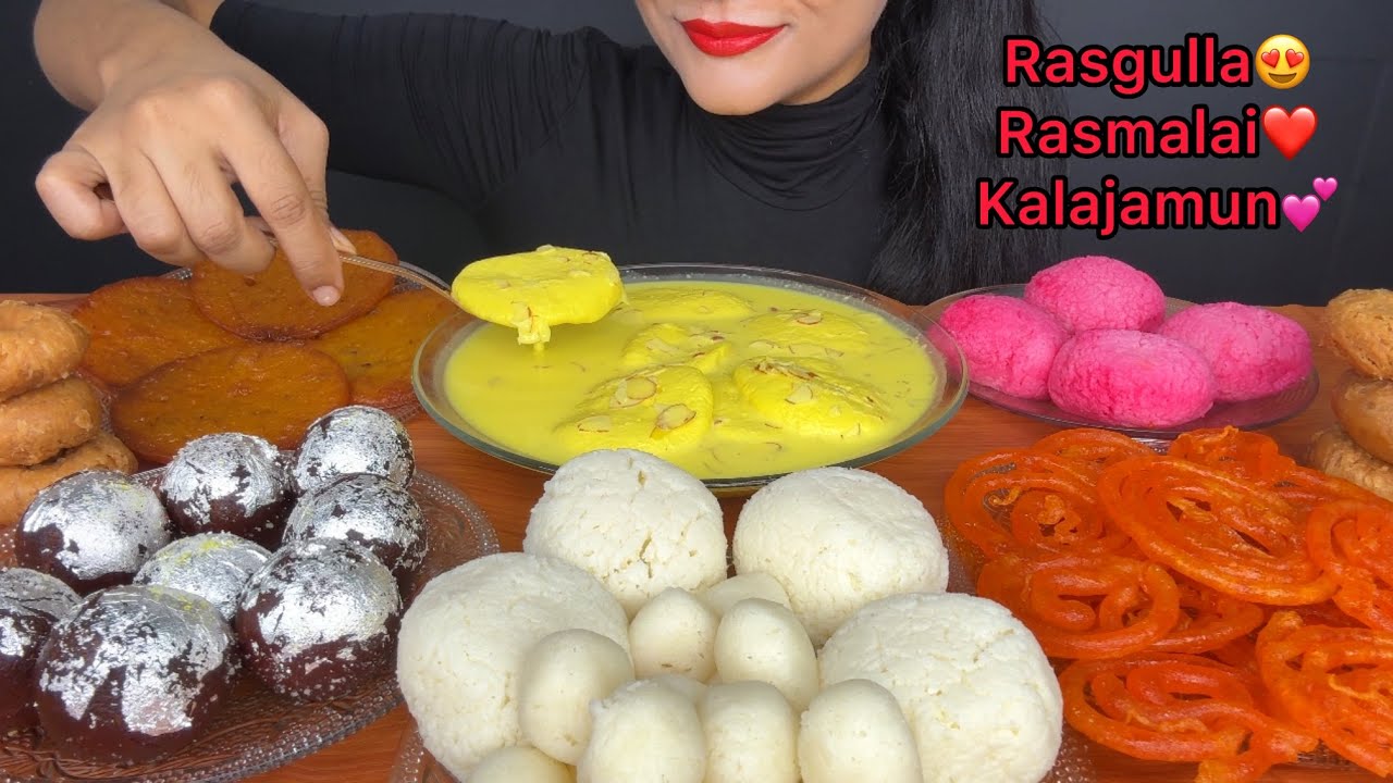 RASMALAI,RASGULLA,JALEBI,KALAJAMUN,ROSE RASGULLA,MALPUA *ASMR EATING ...