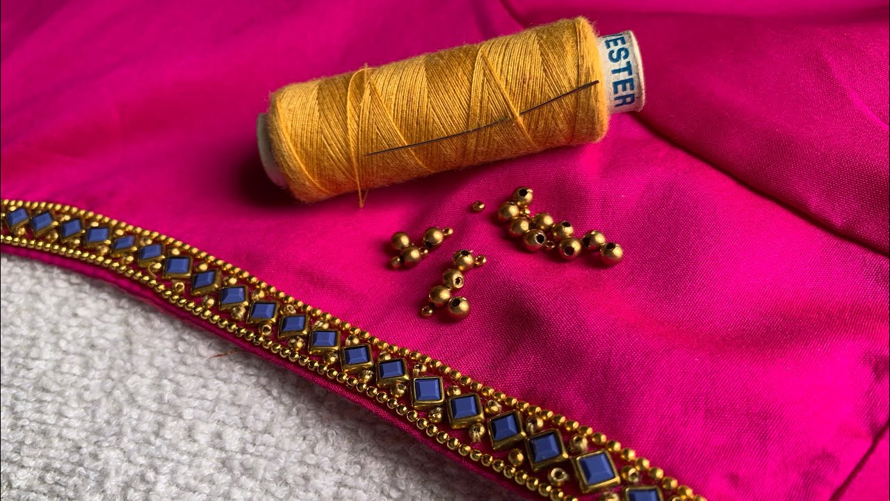 Trendy full bead & butta aari work blouse design on stitched blouse with normal needle #simple # ...