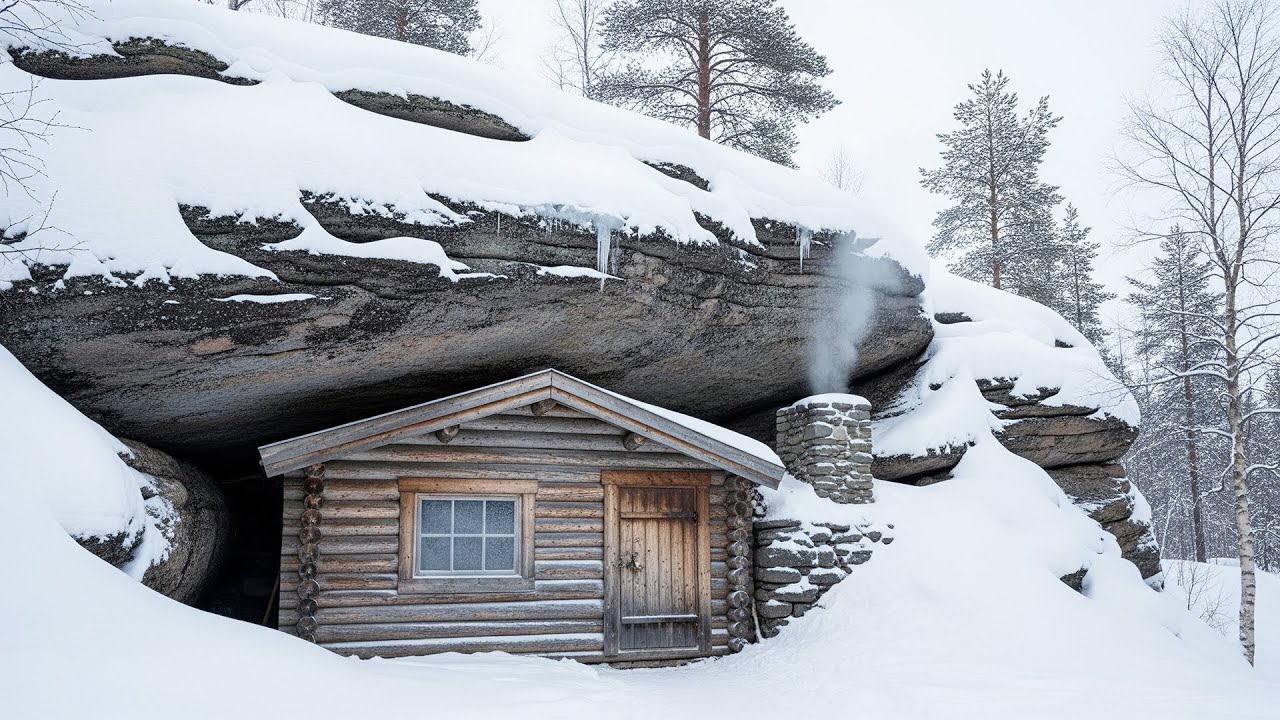Building a Hidden Log Cabin Under a Rock in the Snow Winter Survival ...