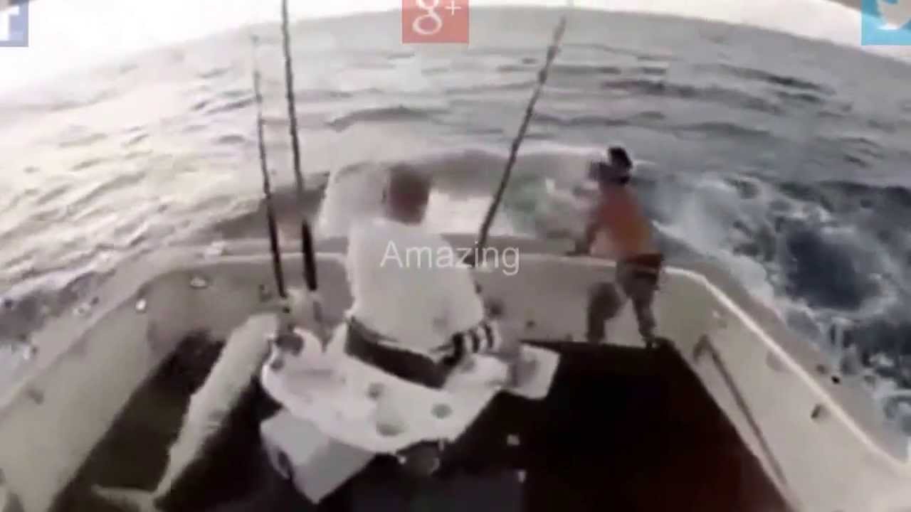 Fish come in boat boy jump out from boat with danger sea - YouTube