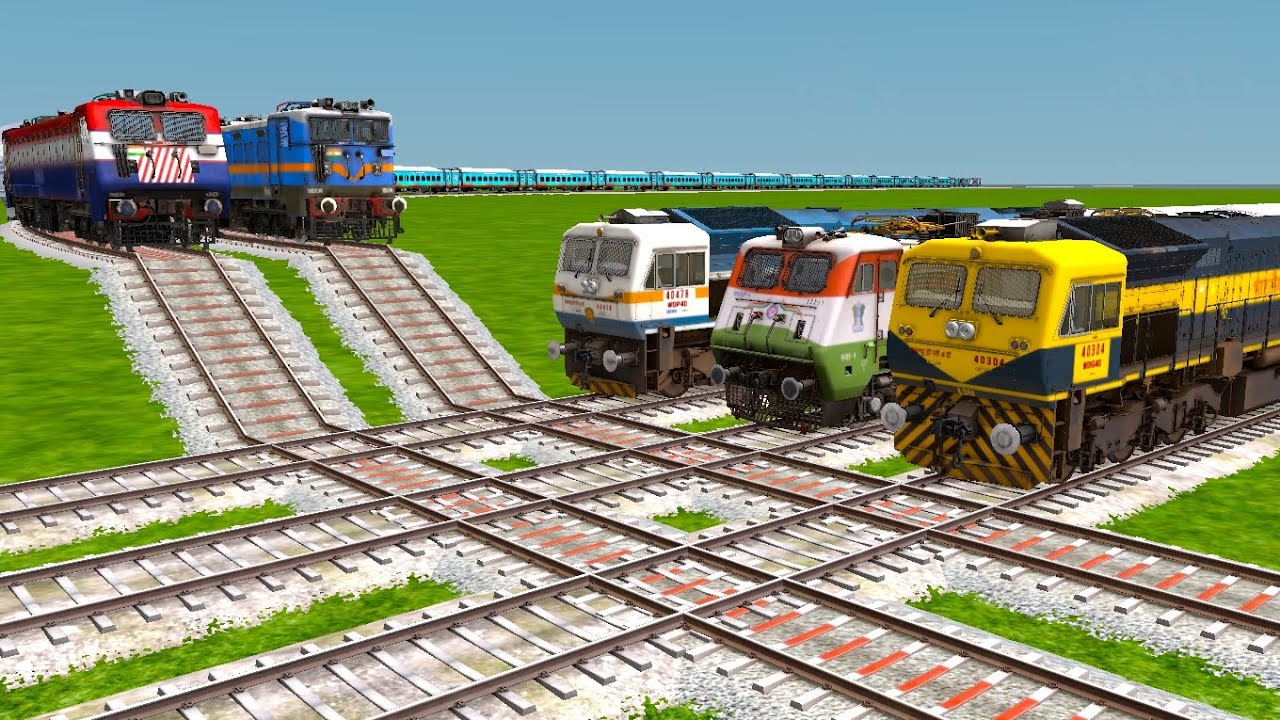 5 TRAINS RUNNING ON DIFFERENT & STAIR RAILWAY CROSSING RAILROAD TRACKS ...