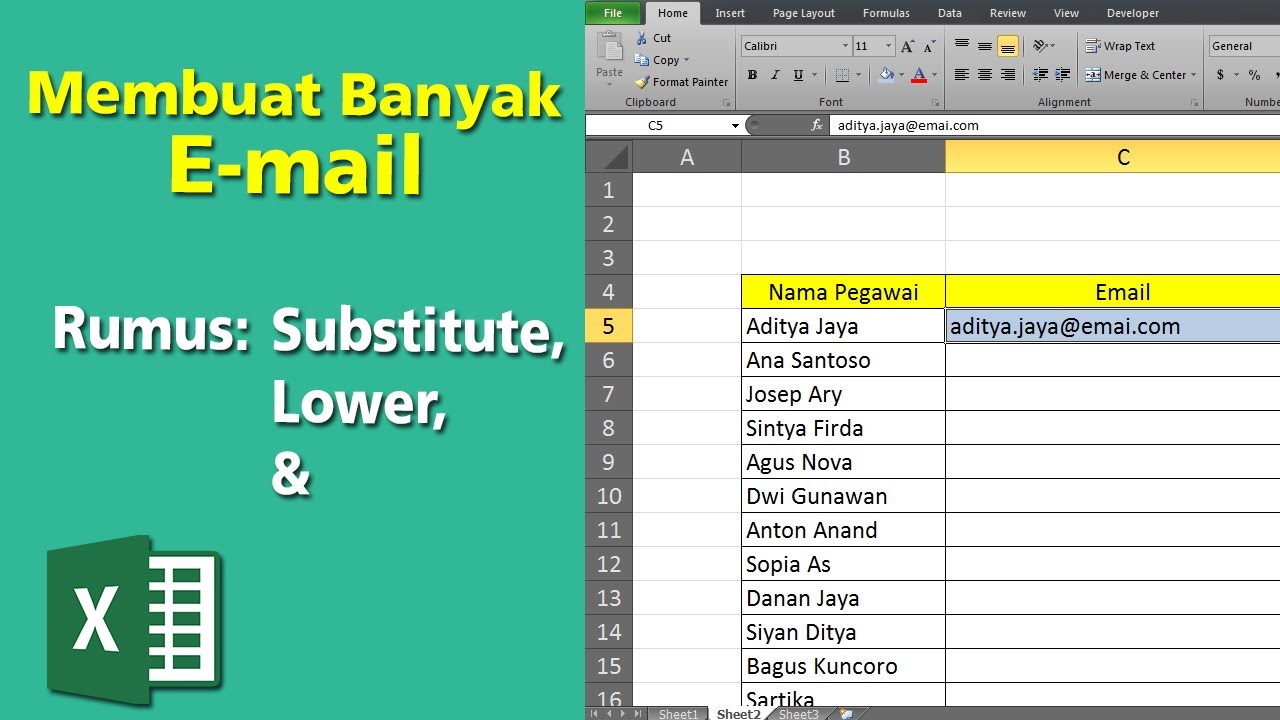 Cara Cepat Membuat Banyak Email (Rumus Substitute, Lower, &) ~ Tutorial ...