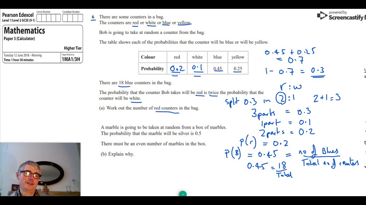 6 Probability, Edexcel 2018 Maths GCSE Higher Tier Paper 3 Question 6 ...
