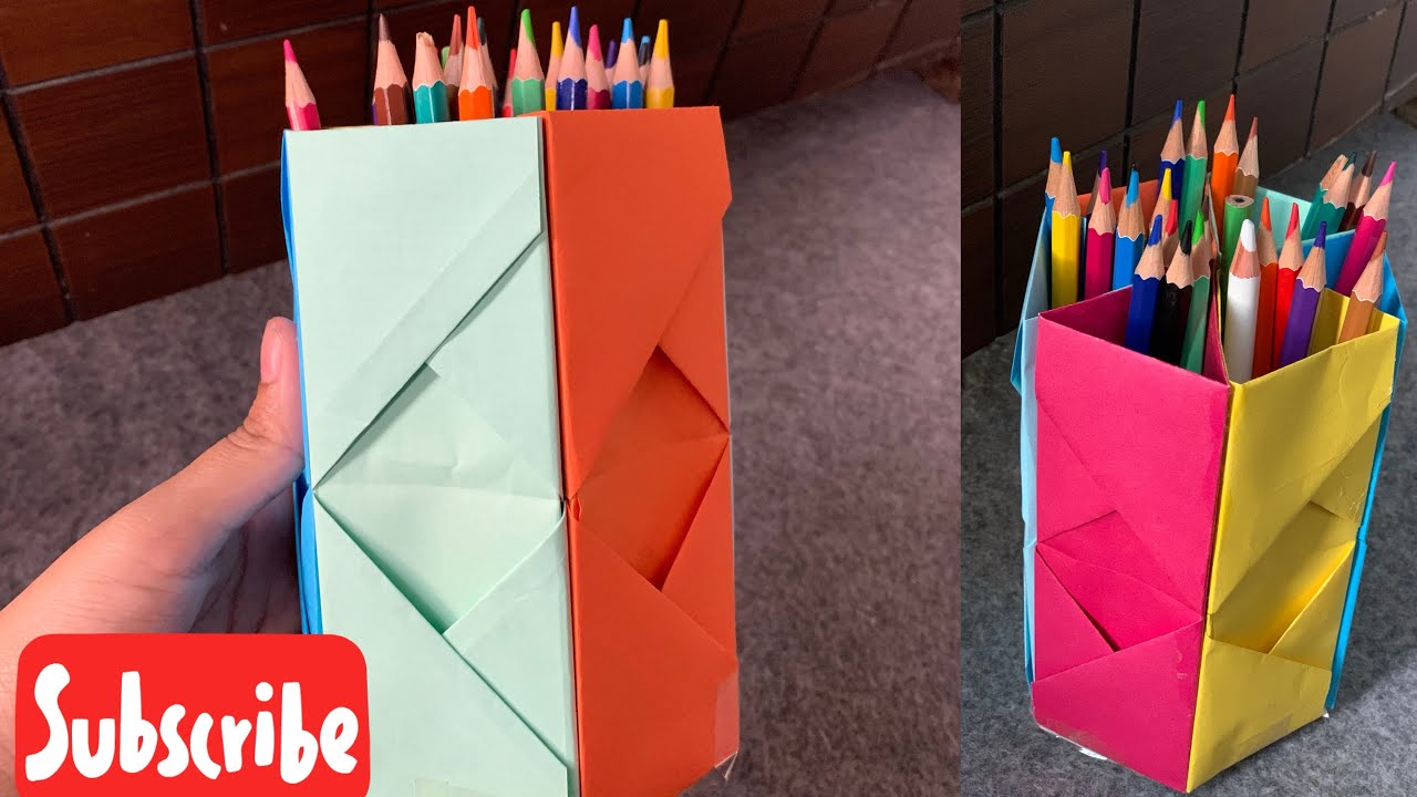 Origami pen stand | How to make paper pen holder | Pen stand with paper ...