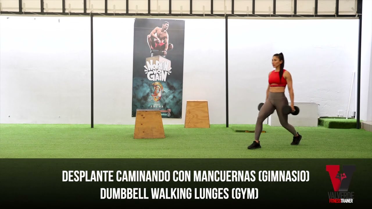 Desplante caminando con mancuernas (Gimnasio) - Dumbbell Walking Lunges ...