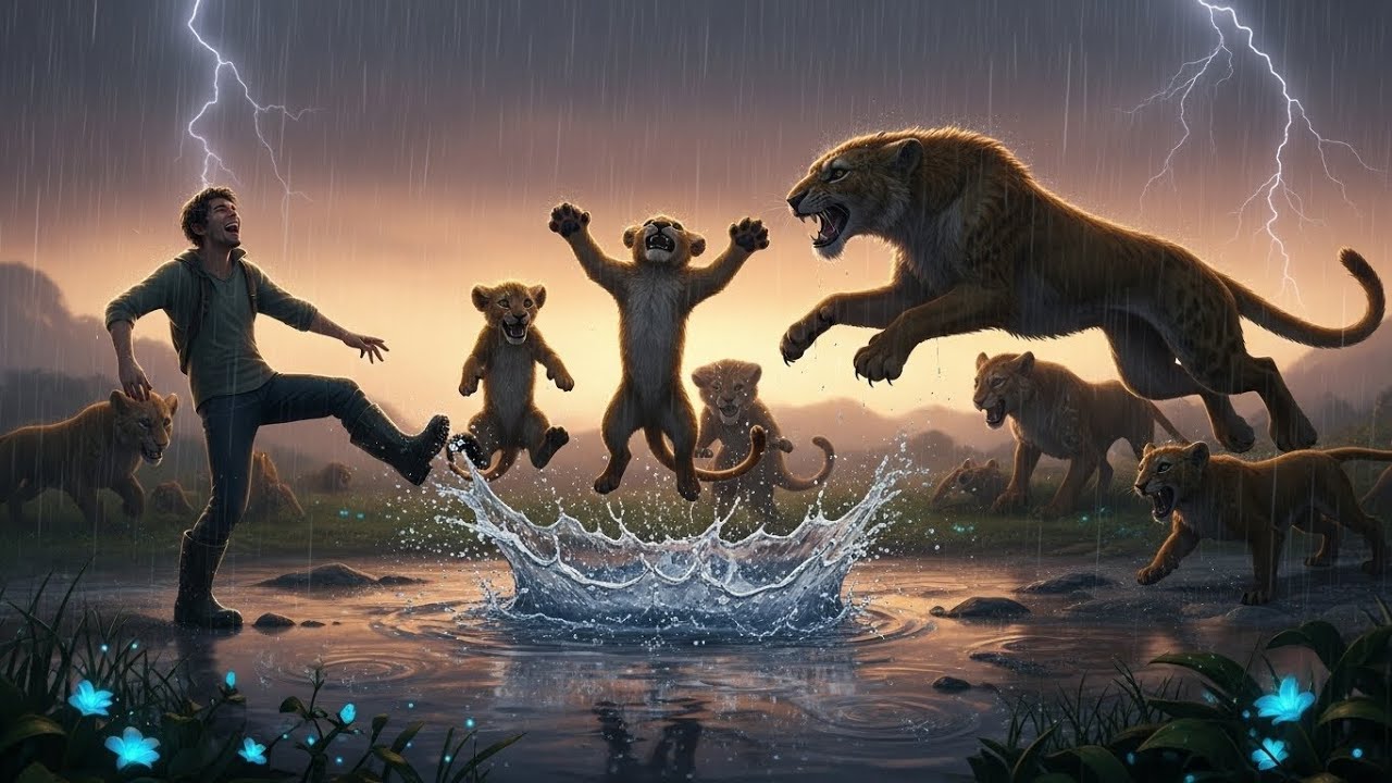 The Human Showed a Cub How to Splash in Rain Puddles — The Entire Pack ...