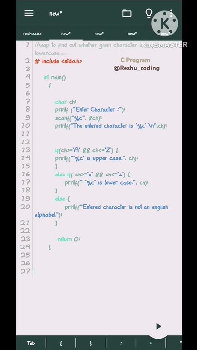 Write program to find out whether given character is uppercase or lowercase #c #coding #reshu ...