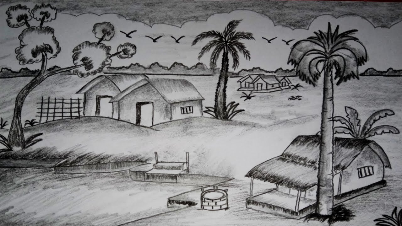 How to draw a beautiful village scenary with palm tre by pencil sketch ...