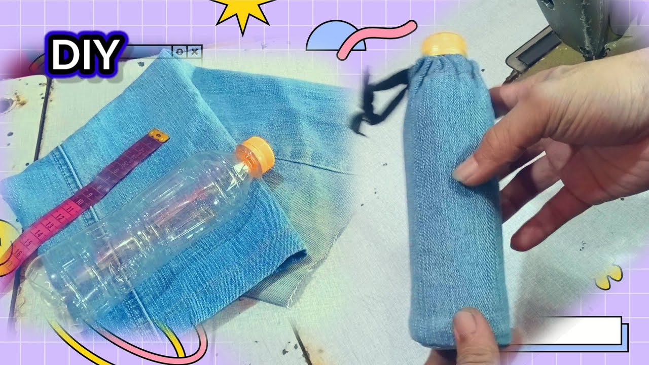 DIY bottle bag | tutorial cara membuat cover botol dengan bahan jeans ...