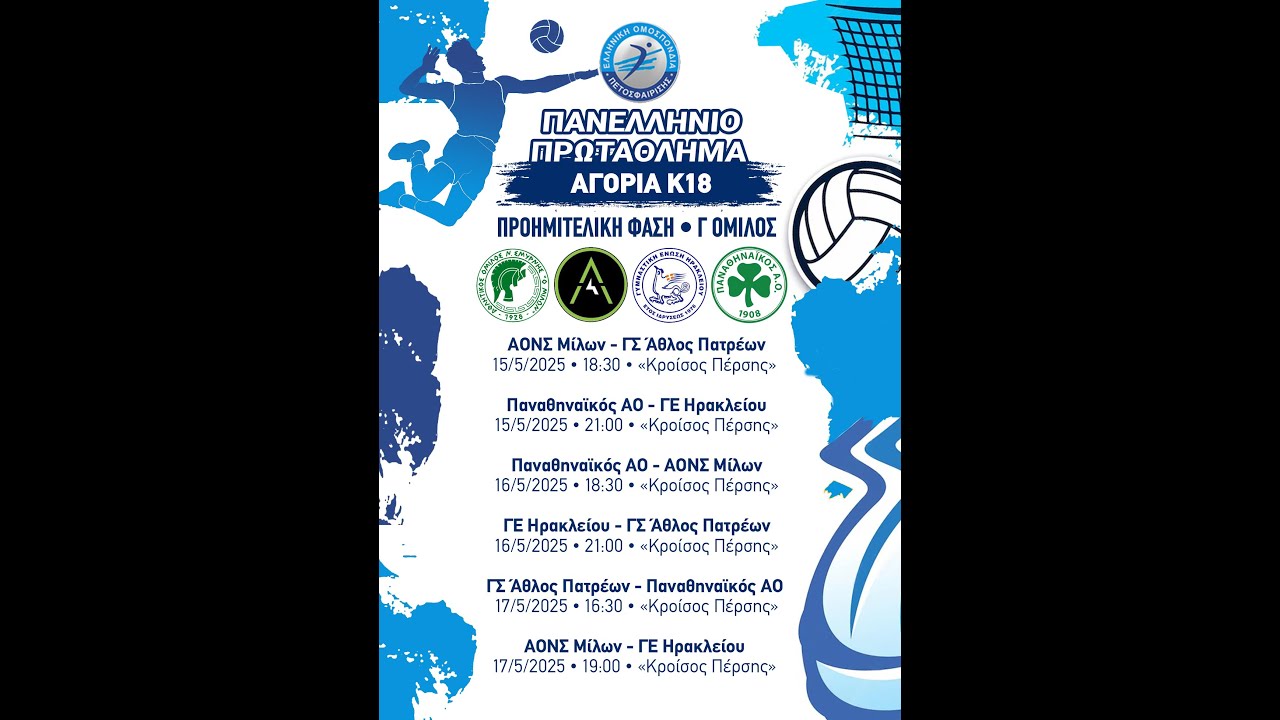 LIVE | Volleyball Πανελλήνιο ανδρών Κ18 Ημέρα 4η Α.Ε.Π. Ολυμπιάς-ΑΟΝΣ Ο ...