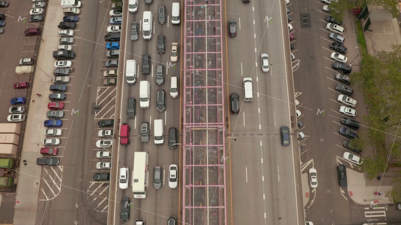 AERIAL: Overhead Top Down Birds View of bridge with heavy car traffic ...