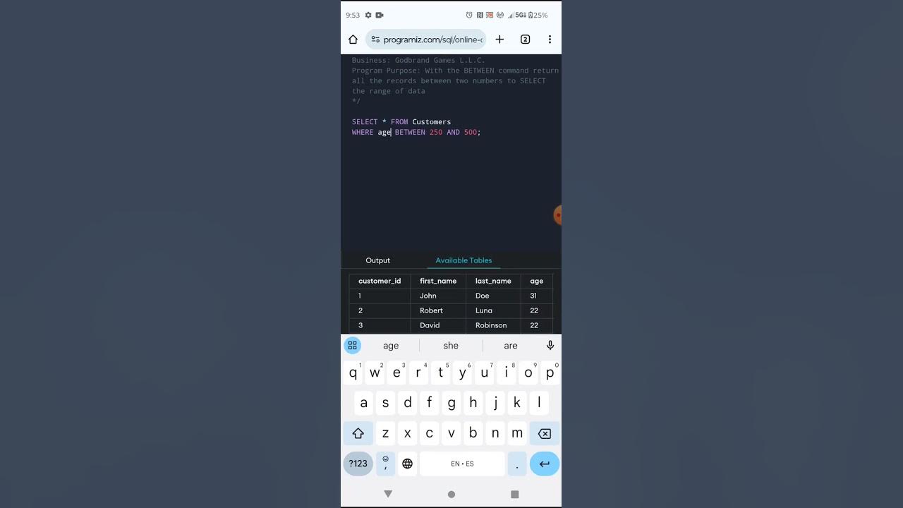How to select all the records between a numeric range in the column of our choice in SQL - YouTube