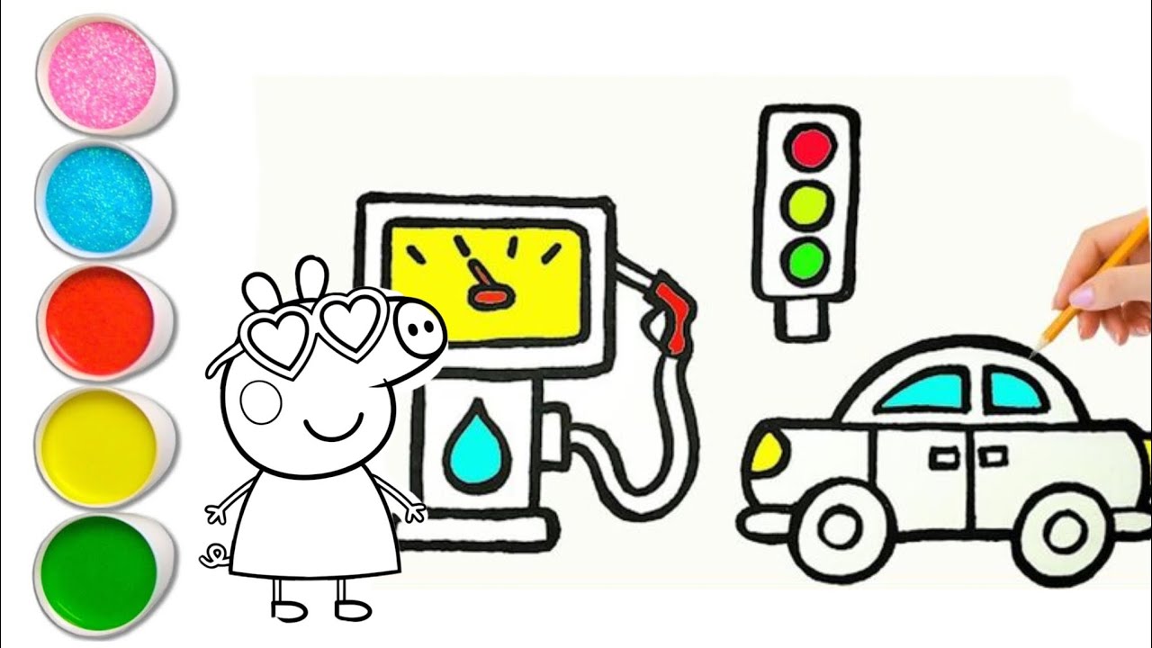 Peppa Pig with patrol pump ⛽ drawing and colouring for kids and ...