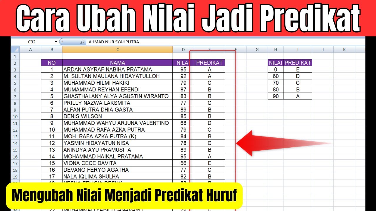 cara mengubah nilai angka menjadi predikat huruf di excel - YouTube