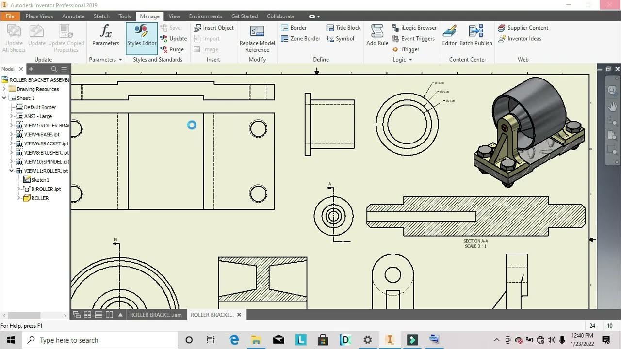 Inventor Roller Bracket Drawing Detail for Assembled Parts. - YouTube
