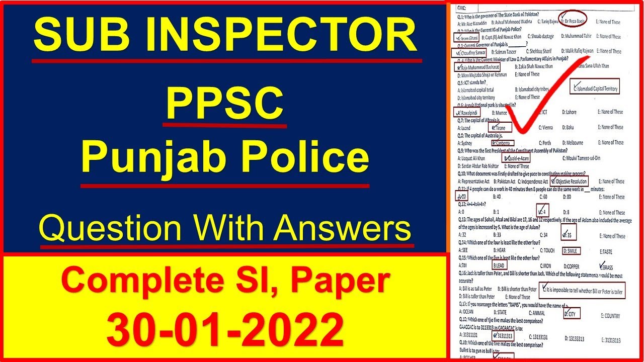 Sub Inspector Paper Solved, Dated 30-01-2022, PPSC Sub Inspector Paper ...