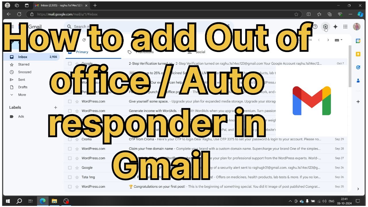 How to set out of Office or auto responder in Gmail. - YouTube