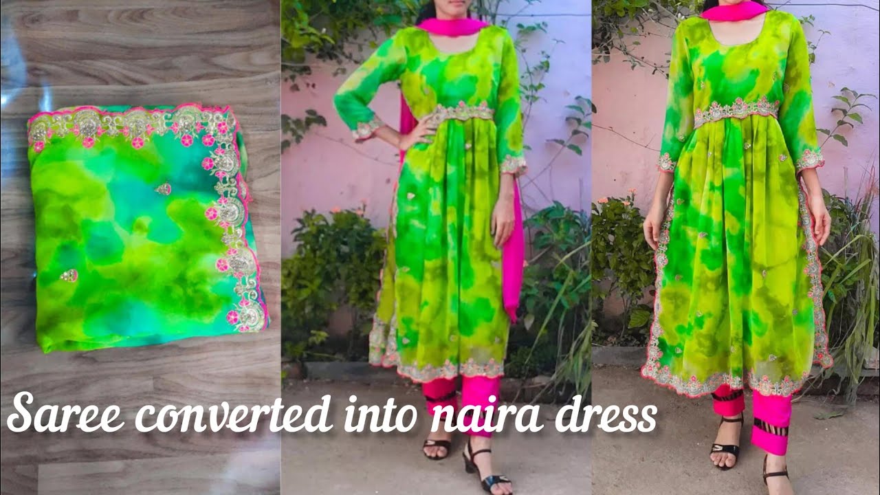 Saree converted into naira dress 😍😱/saree se naira cut kurti cutting ...