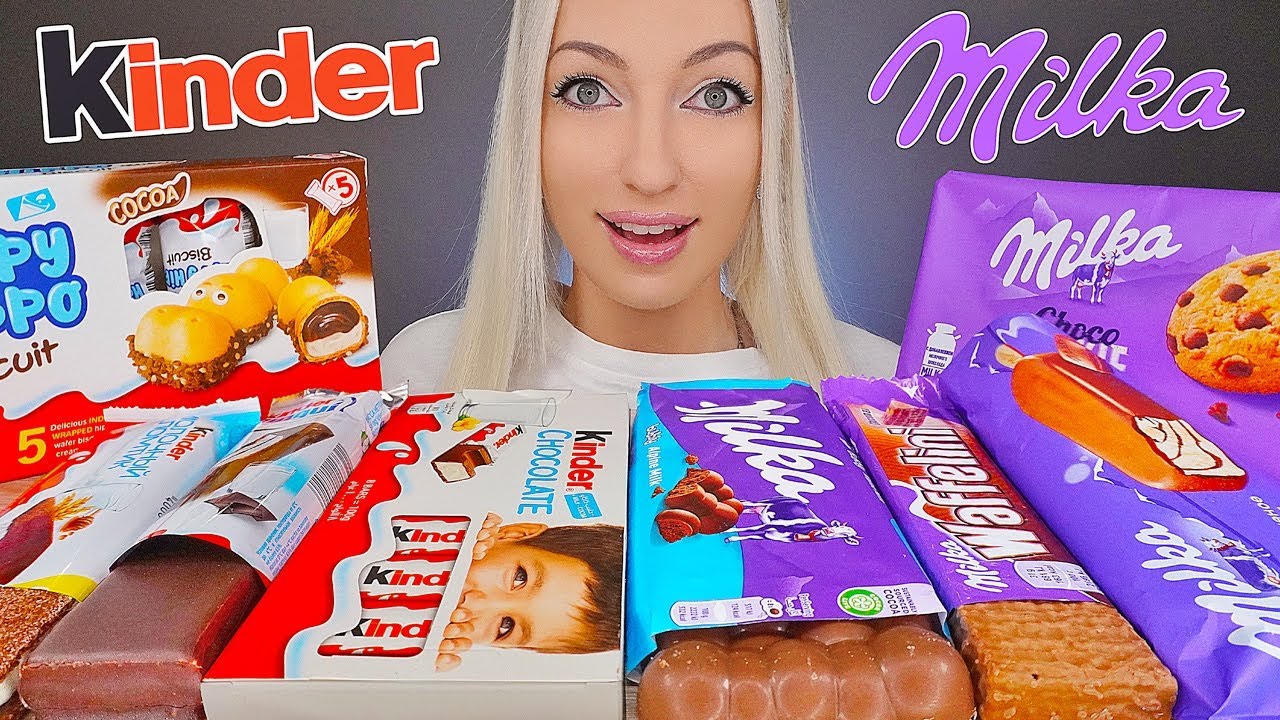 ASMR EATING CHOCOLATE KINDER & MILKA, CANDY BARS, ICE CREAM, CAKE ...