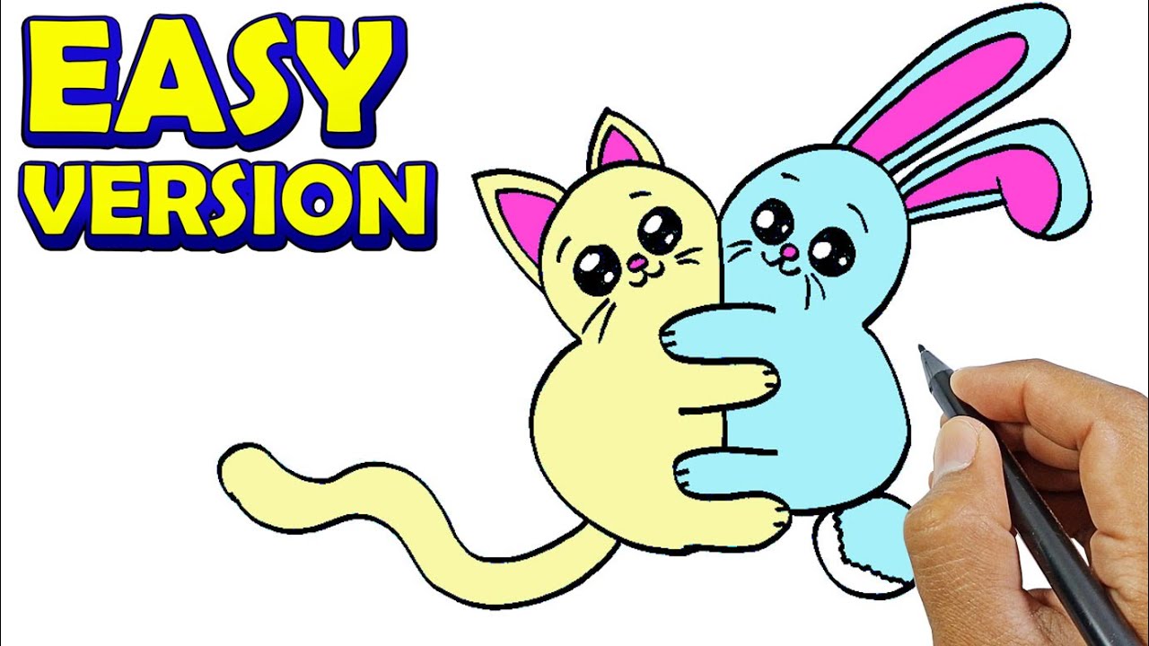 How to draw a cat and a bunny hugging simple step | Simple Drawing ...