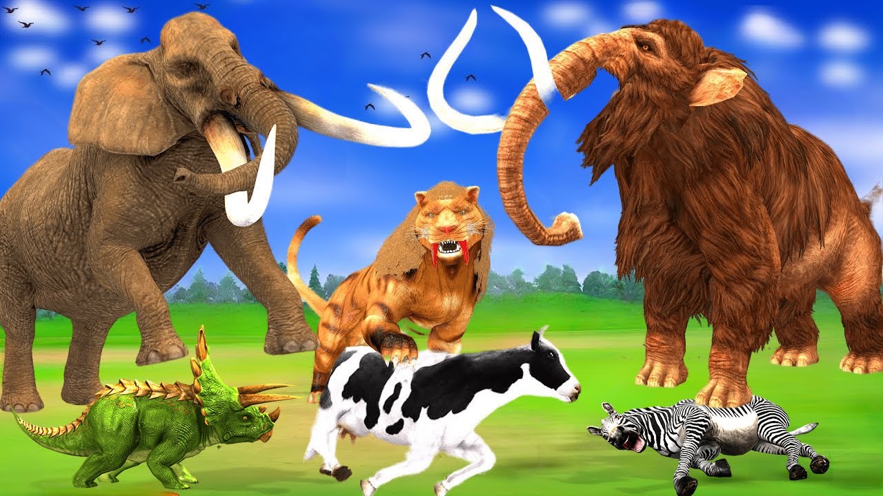 Giant Tiger Zombie T Rex Attack Cow Cartoon Elephant Saved by Woolly ...