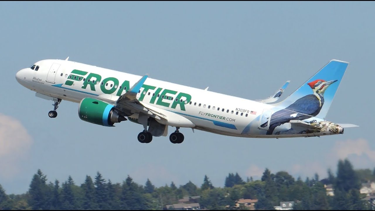 Frontier Airlines Airbus A320-251N [N309FR] takeoff from PDX - YouTube