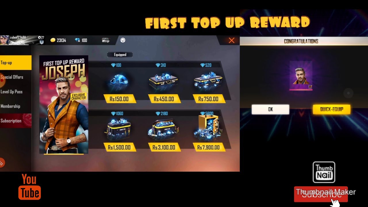 l first top up reward l is free fire Joseph corrector interesting game ...