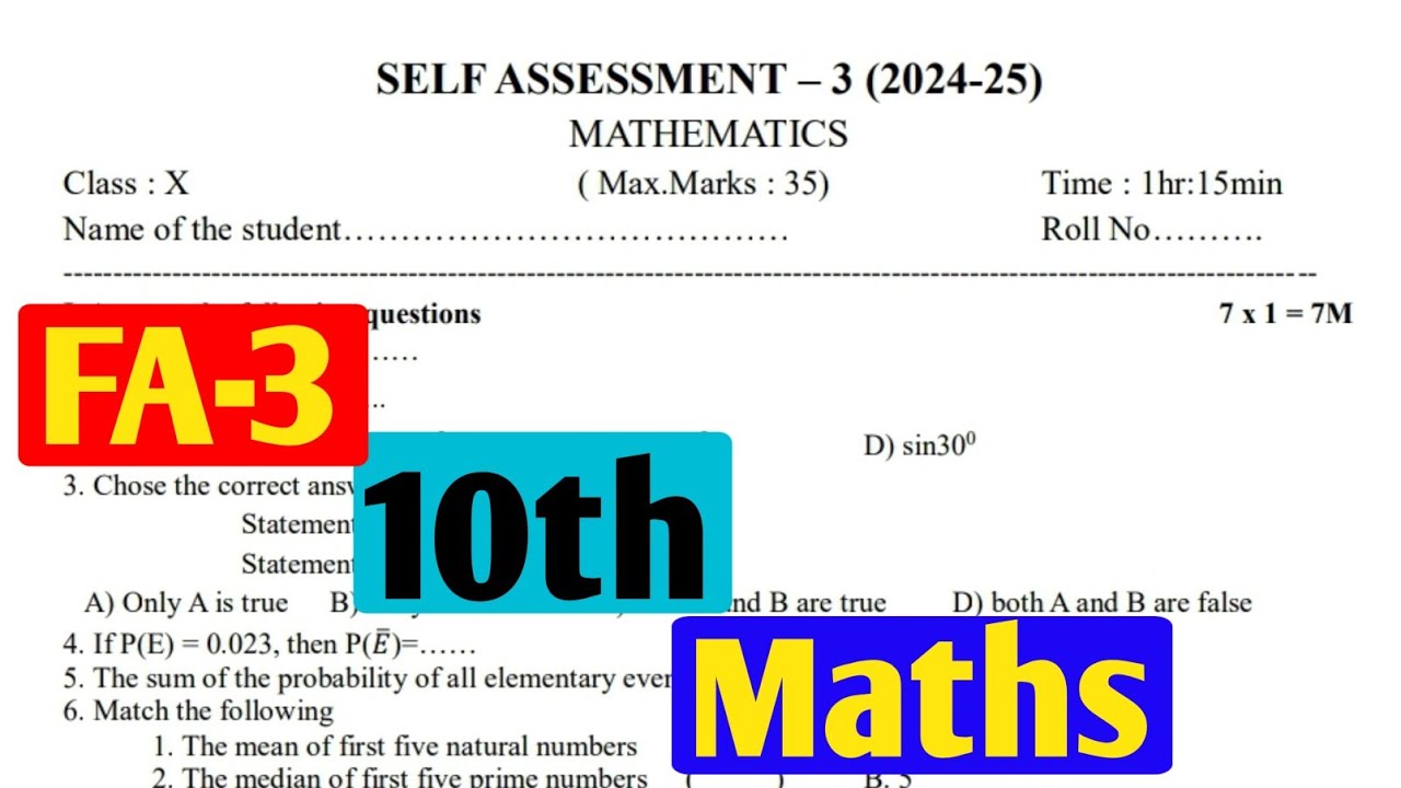 Ap 10th Class Fa-3 Question Paper (2024-25) |10th Class Fa-3 maths ...